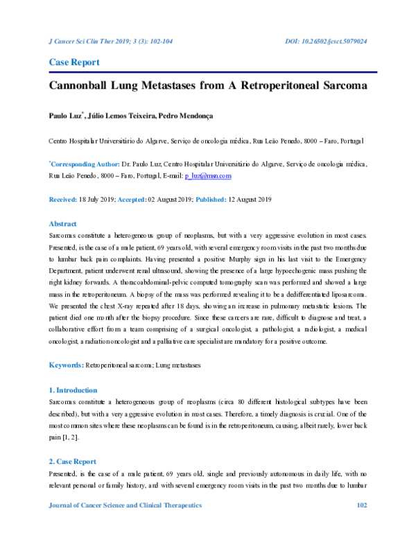 (PDF) Cannonball Lung Metastases from A Retroperitoneal Sarcoma