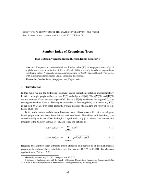 (PDF) Sombor index of Kragujevac trees