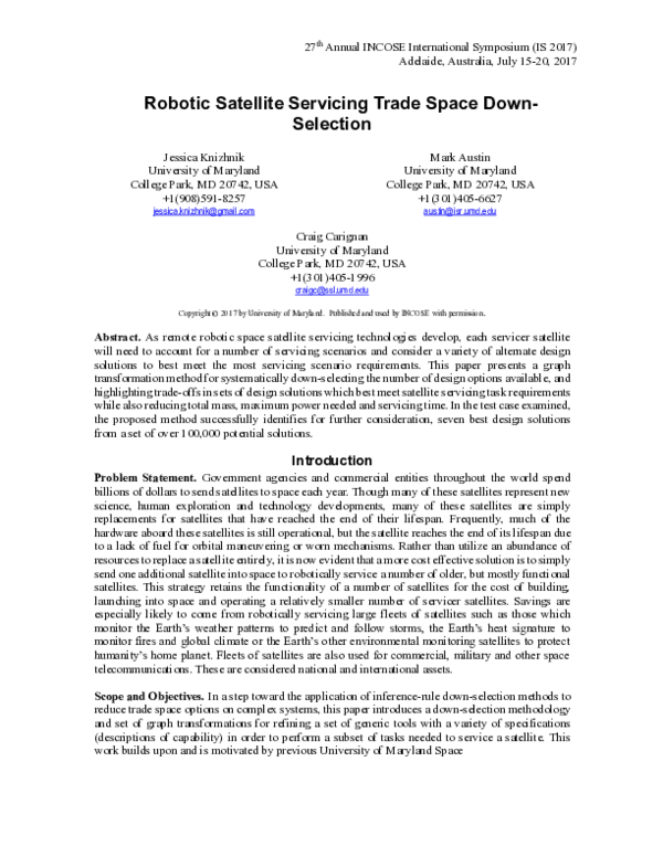 (PDF) Robotic Satellite Servicing Trade Space Down-Selection