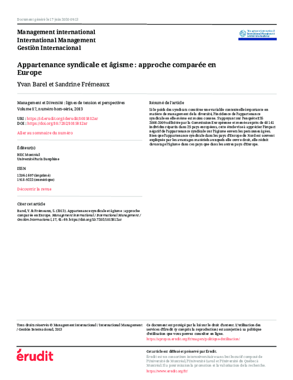 (PDF) Appartenance syndicale et âgisme : approche comparée en Europe