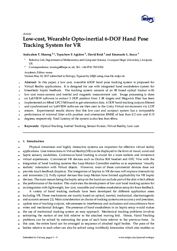 Pdf Low Cost Wearable Opto Inertial 6 Dof Hand Pose Tracking System For Vr