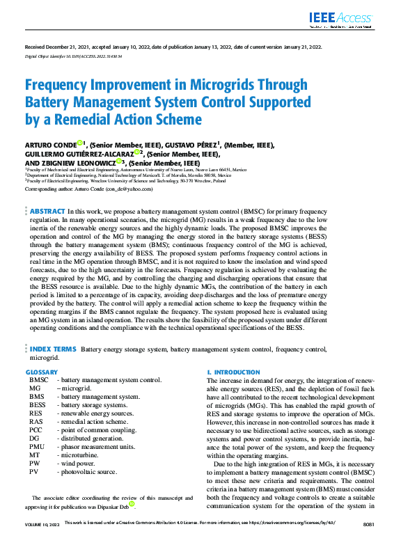 Pdf Frequency Improvement In Microgrids Through Battery Management System Control Supported By