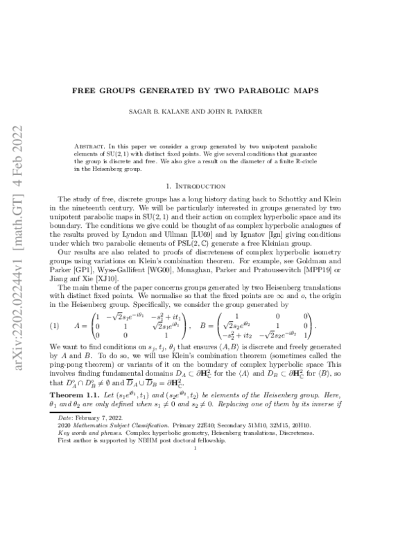 (PDF) Free groups generated by two parabolic maps