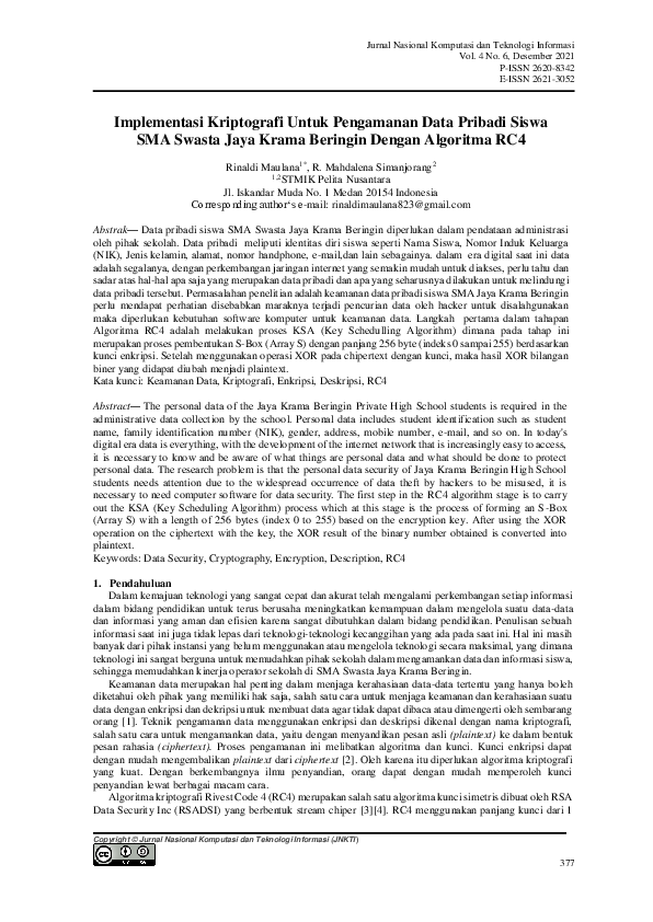 (PDF) Implementasi Kriptografi Untuk Pengamanan Data Pribadi Siswa