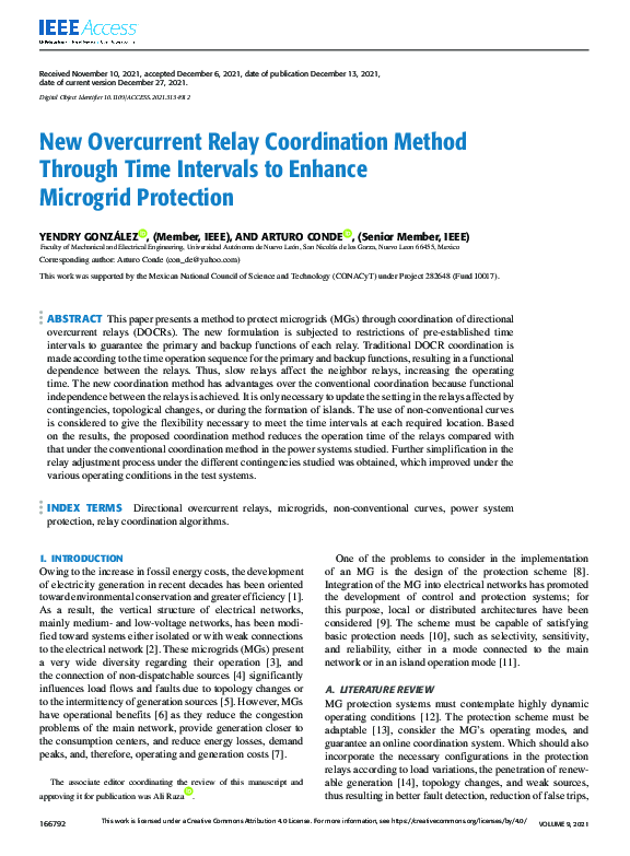 Pdf New Overcurrent Relay Coordination Method Through Time Intervals To Enhance Microgrid