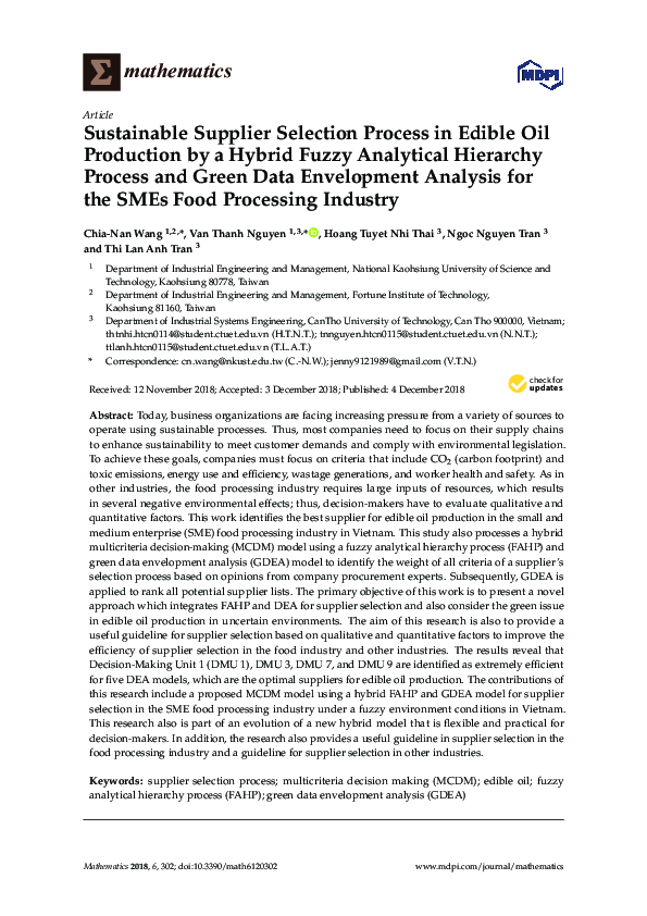 Pdf Sustainable Supplier Selection Process In Edible Oil Production