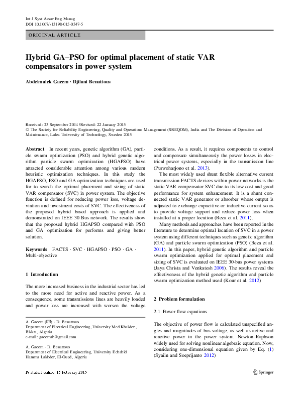 Pdf Optimal Svc Placement Using Hybrid Ga Pso