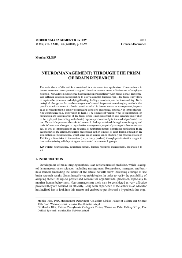 (PDF) Neuro(Management) Through the Prism of Brain Research | Monika Kłos - Academia.edu
