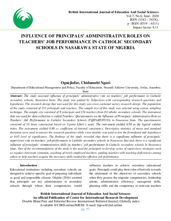 (PDF) INFLUENCE OF PRINCIPALS' ADMINISTRATIVE ROLES ON TEACHERS' JOB PERFORMANCE IN CATHOLIC ...