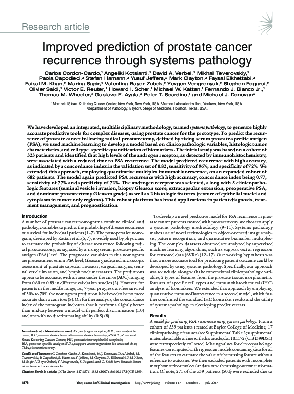 (PDF) Improved prediction of prostate cancer recurrence through systems ...