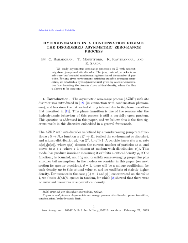 (PDF) IN A CONDENSATION REGIME : THE DISORDERED ASYMMETRIC ZERO-RANGE PROCESS By | Krishnamurthi ...