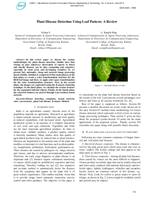 Pdf Plant Disease Detection Using Leaf Pattern A Review