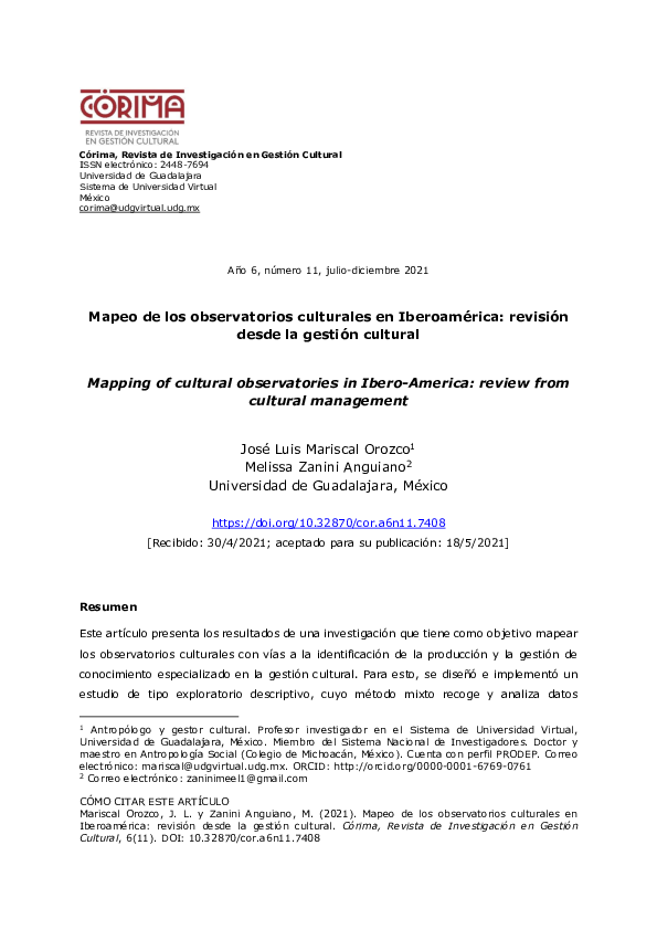 (PDF) Mapeo de los observatorios culturales en Iberoamérica: revisión desde la gestión cultural