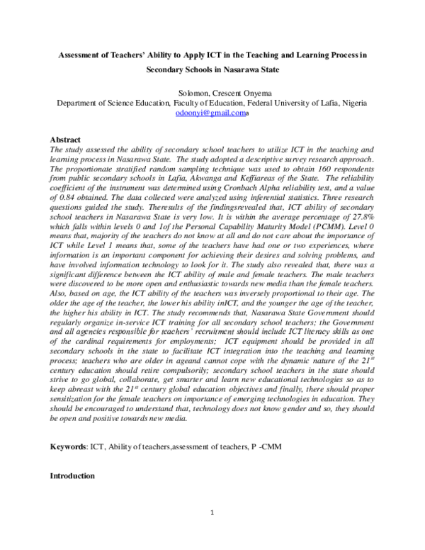 (PDF) Assessment of Teachers' Ability to Apply ICT in the Teaching and Learning Process in ...