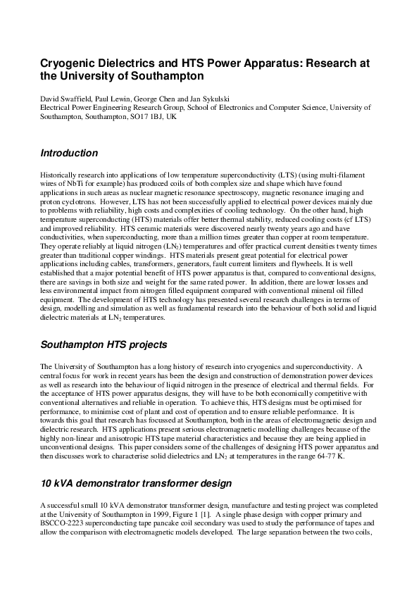 (PDF) Cryogenic dielectrics and hts power apparatus: research at the ...