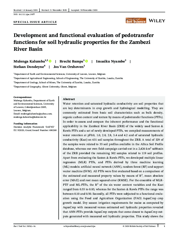 (PDF) Development and functional evaluation of pedotransfer functions for soil hydraulic ...