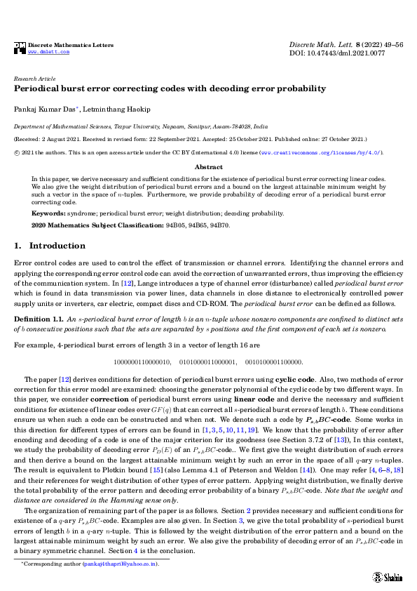 (PDF) Periodical Burst Error Correcting Codes With Decoding Error Probability