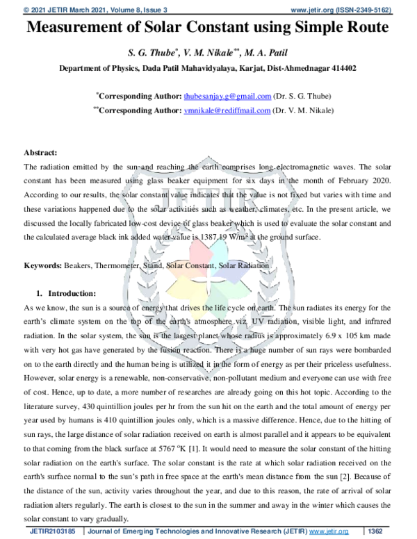 (PDF) Measurement of Solar Constant using Simple Route