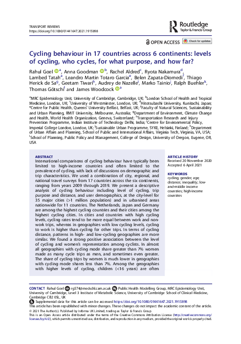 (PDF) Cycling behaviour in 17 countries across 6 continents: levels of ...