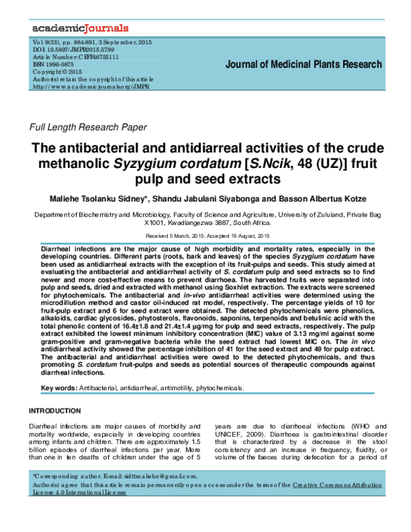 (PDF) The antibacterial and antidiarreal activities of the crude methanolic Syzygium cordatum [S ...