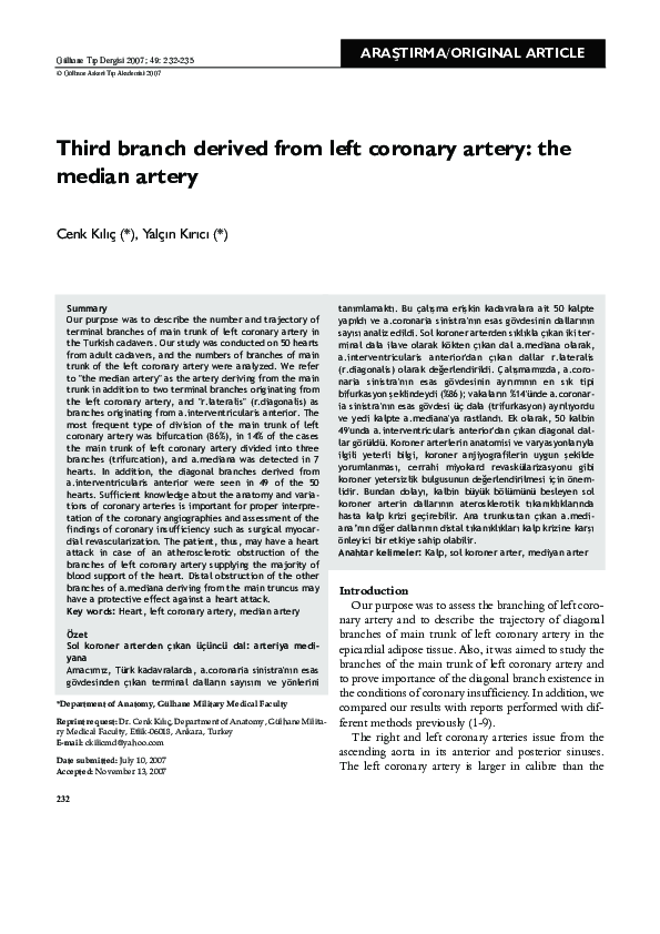 (PDF) Third branch derived from left coronary artery: the median artery