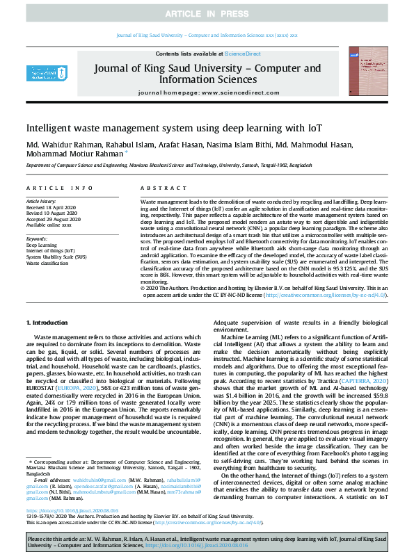 (PDF) Intelligent waste management system using deep learning with IoT