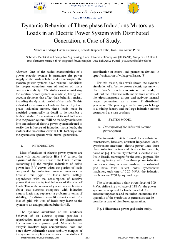 (PDF) Dynamic Behavior of Three phase Inductions Motors as Loads in an Electric Power System ...