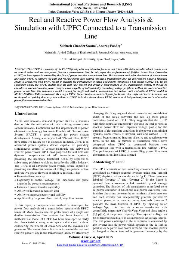 (PDF) Real and Reactive Power Flow Analysis & Simulation with UPFC Connected to a Transmission Line