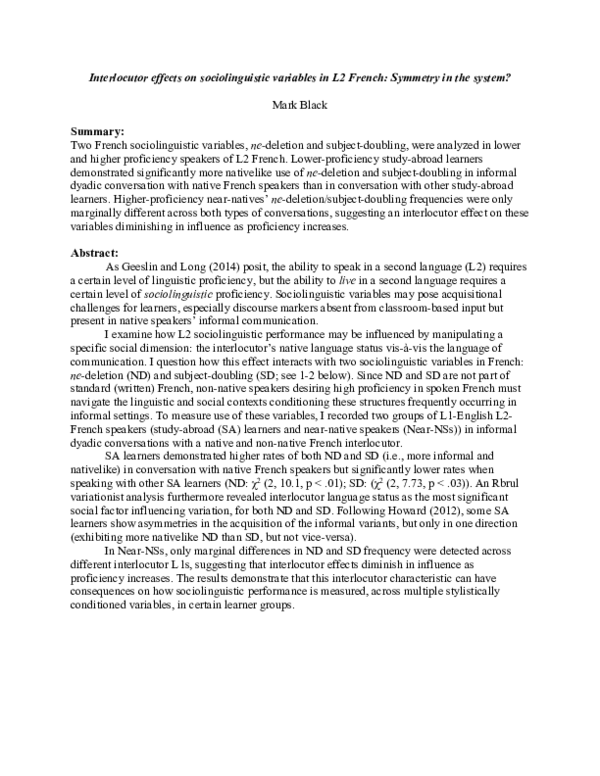 (PDF) Interlocutor effects on sociolinguistic variables in L 2 French ...