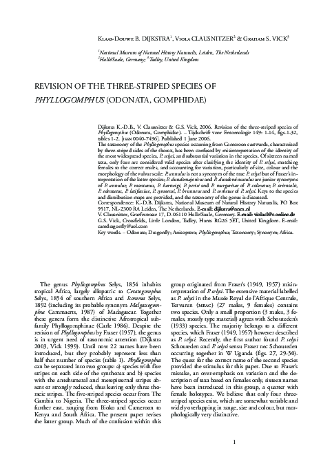 (PDF) Revision of the three-striped species of Phyllogomphus (Odonata ...
