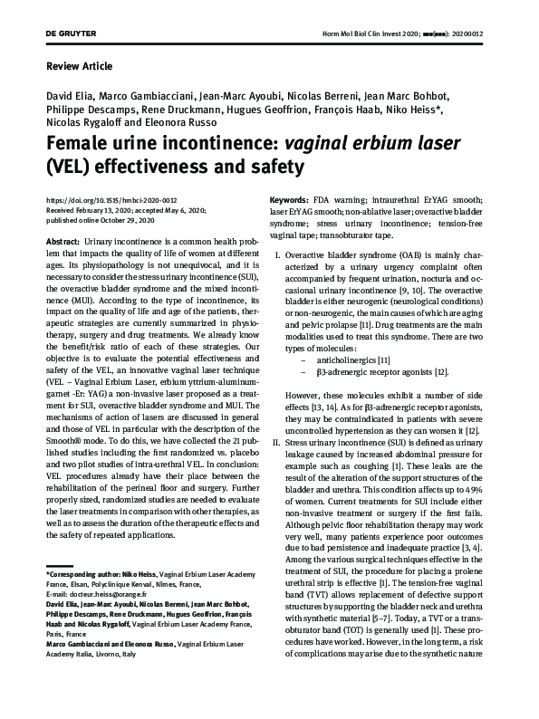 (PDF) Female urine incontinence: vaginal erbium laser (VEL ...