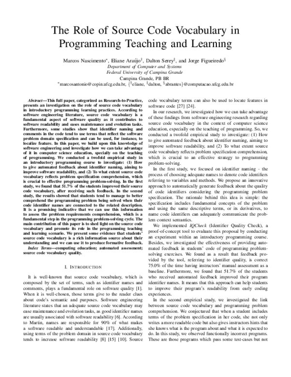(PDF) The Role of Source Code Vocabulary in Programming Teaching and ...