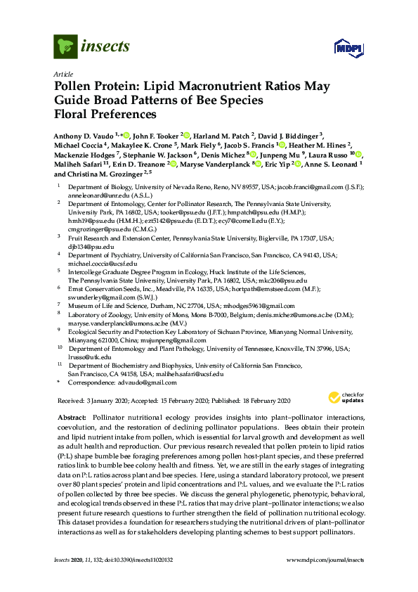 (PDF) Pollen Protein: Lipid Macronutrient Ratios May Guide Broad ...