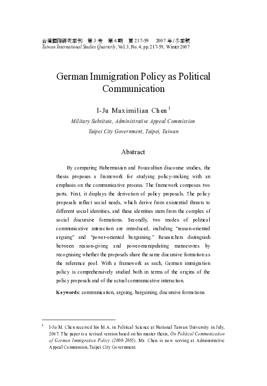 (PDF) German Immigration Policy as Political Communication