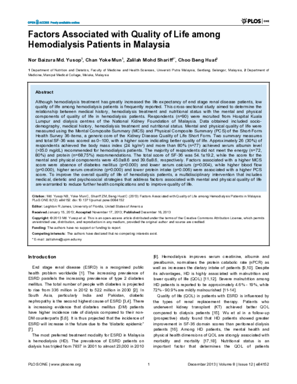 (PDF) Factors Associated with Quality of Life among Hemodialysis Patients in Malaysia