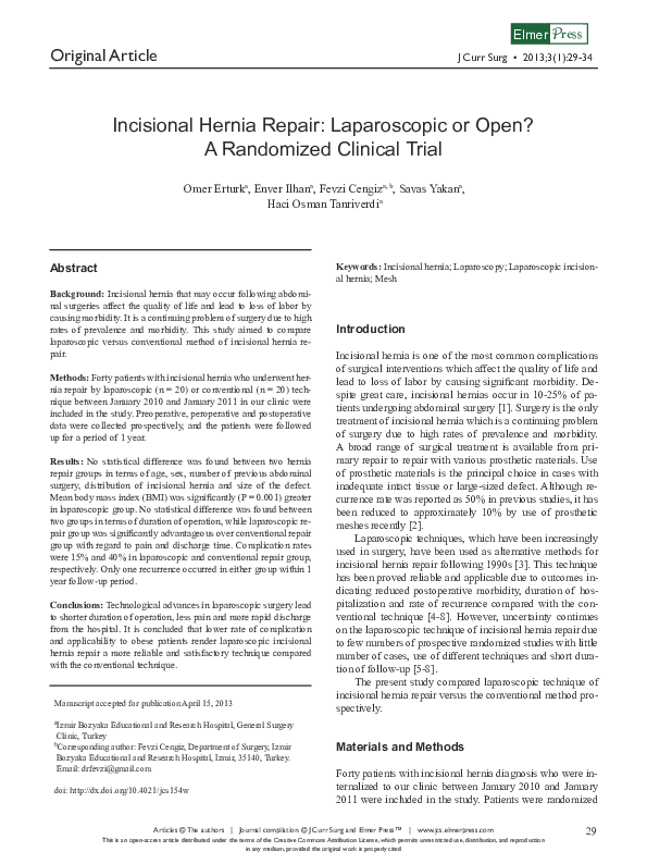 (PDF) Incisional Hernia Repair: Laparoscopic or Open? A Randomized Clinical Trial