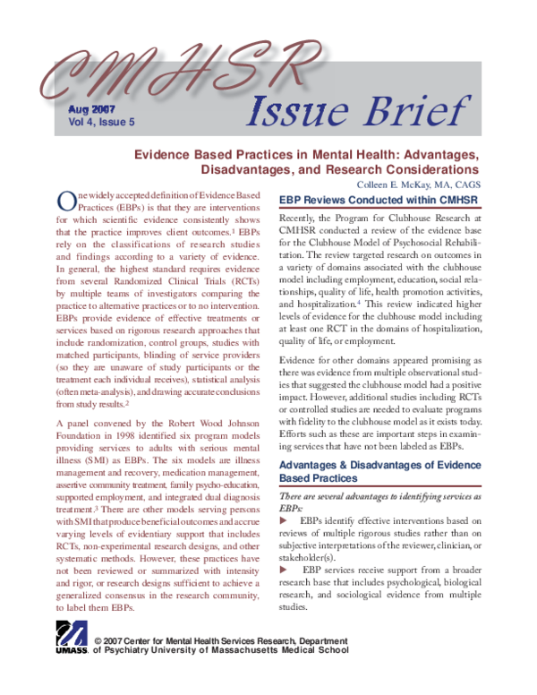 (PDF) Evidence Based Practices in Mental Health: Advantages, Disadvantages, and Research ...