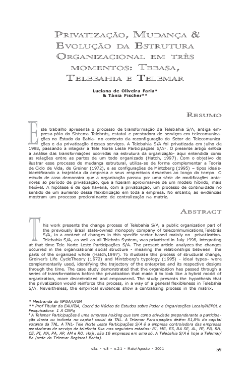 (PDF) Privatização, mudança & evolução da estrutura organizacional em ...