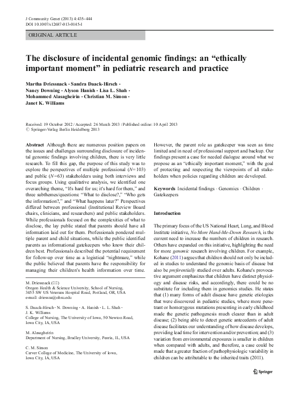 (PDF) The disclosure of incidental genomic findings: an “ethically ...
