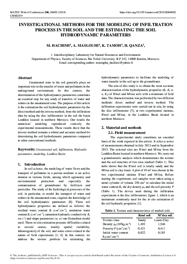 (PDF) Investigational methods for the modeling of infiltration process in the soil and the ...