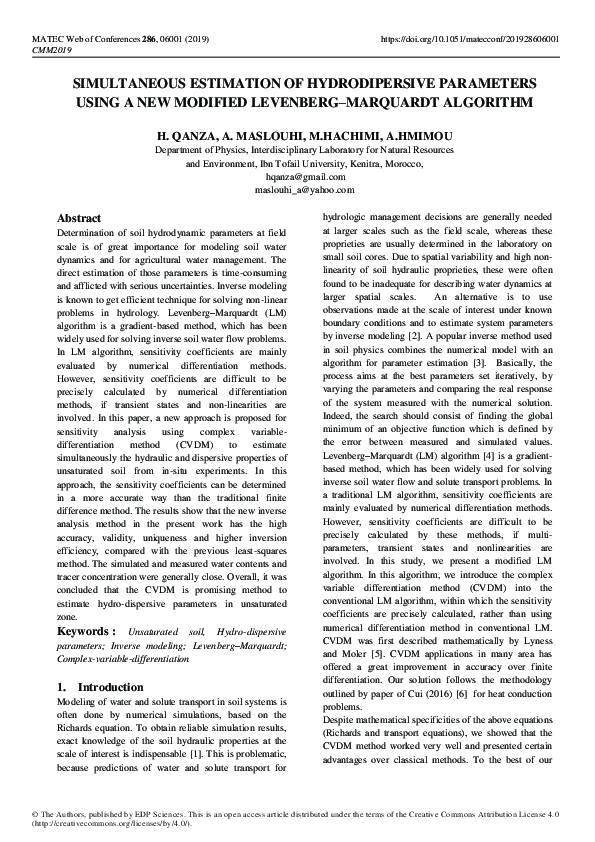 (PDF) Simultaneous estimation of hydro-dipersive parameters using a new modified levenberg ...