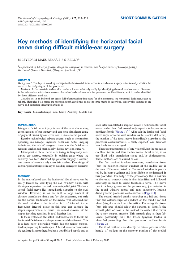 (PDF) Key methods of identifying the horizontal facial nerve during difficult middle-ear surgery ...