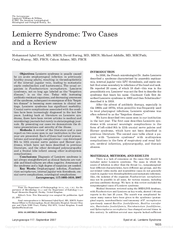 (PDF) Lemierre Syndrome: Two Cases and a Review