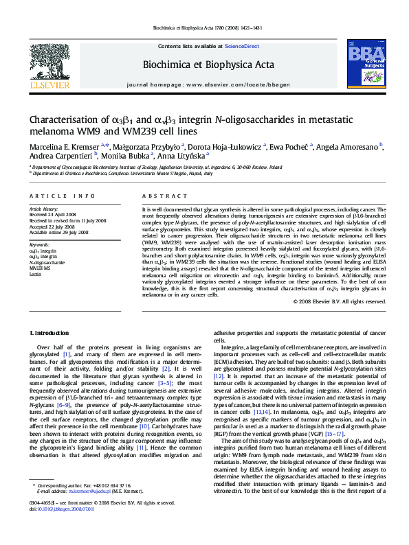 (PDF) Characterisation of α3β1 and αvβ3 integrin N-oligosaccharides in ...