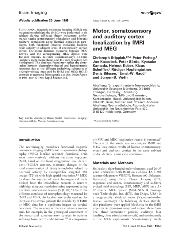 (PDF) Motor, somatosensory and auditory cortex localization by fMRI and MEG