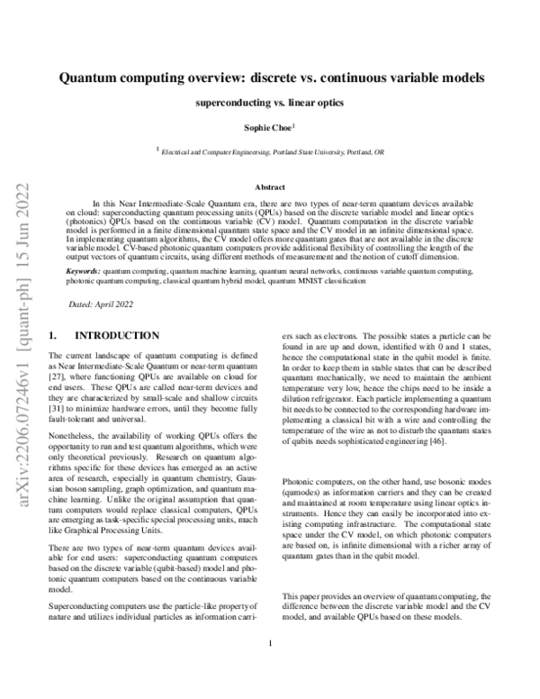(PDF) Quantum computing overview: discrete vs. continuous variable models (PDF) Quantum computing overview: discrete vs. continuous variable models