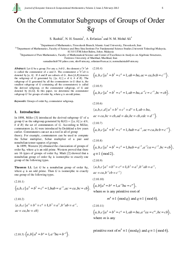 (PDF) On the Commutator Subgroups of Groups of Order 8q