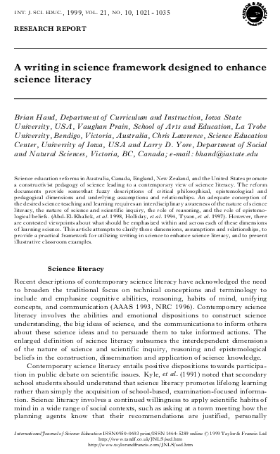 (PDF) A writing in science framework designed to enhance science literacy
