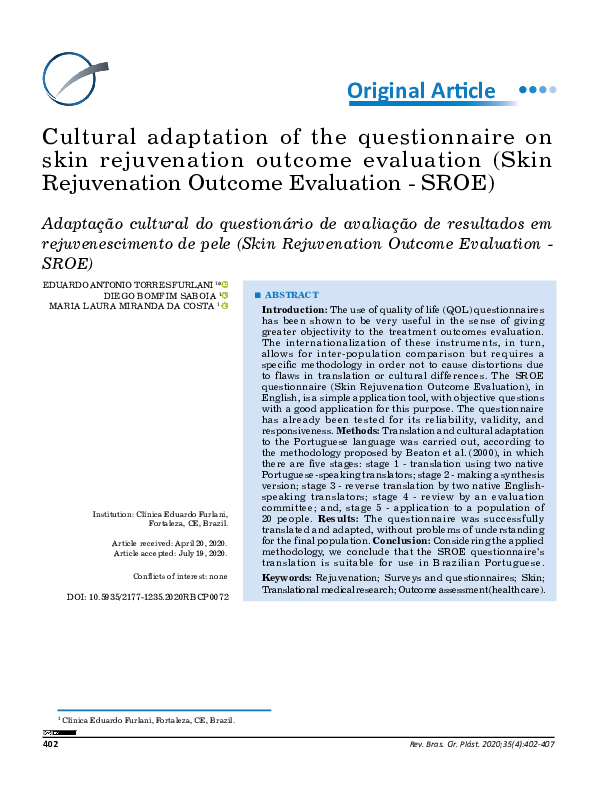 (PDF) Cultural adaptation of the questionnaire on skin rejuvenation ...