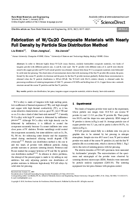 (PDF) Fabrication of W/Cu20 Composite Materials with Nearly Full ...
